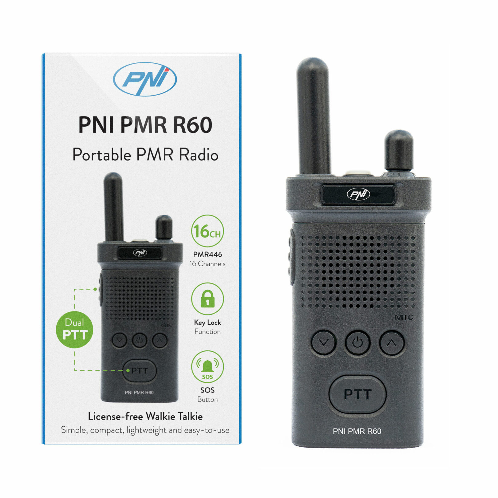 The PNI R60 is a very small portable transceiver with PMR-446MHz frequency.